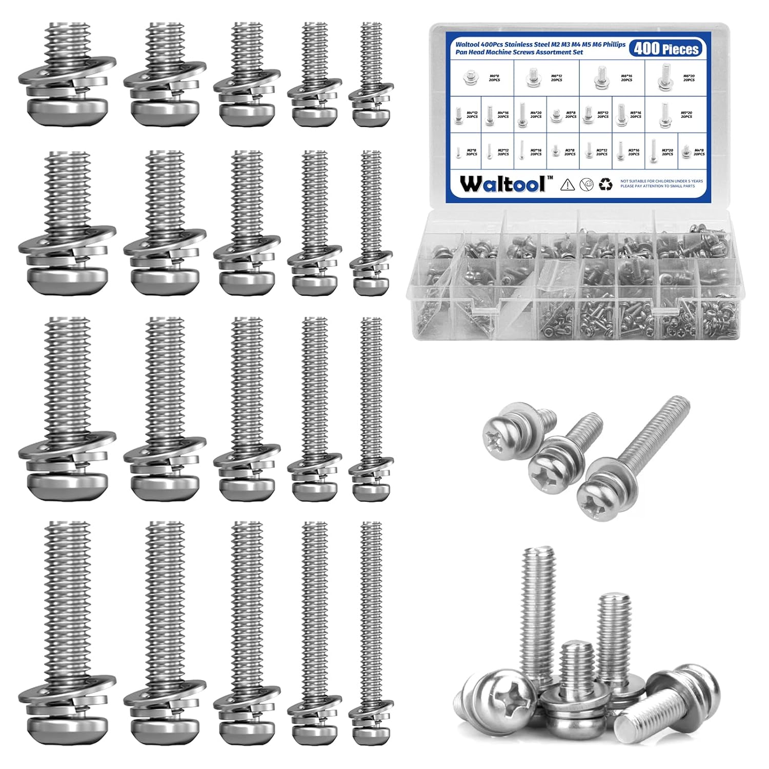 Waltool 400Pcs 19 Size Stainless Steel Phillips Pan Head Machine Screws ...
