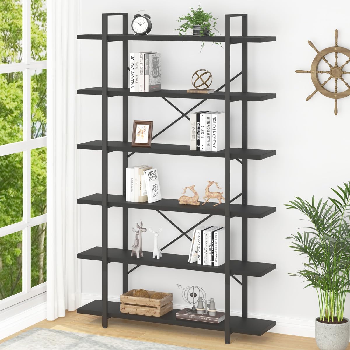Amazon.com: HSH 6 Tier Tall Black Bookshelf, Modern Large Storage Book ...