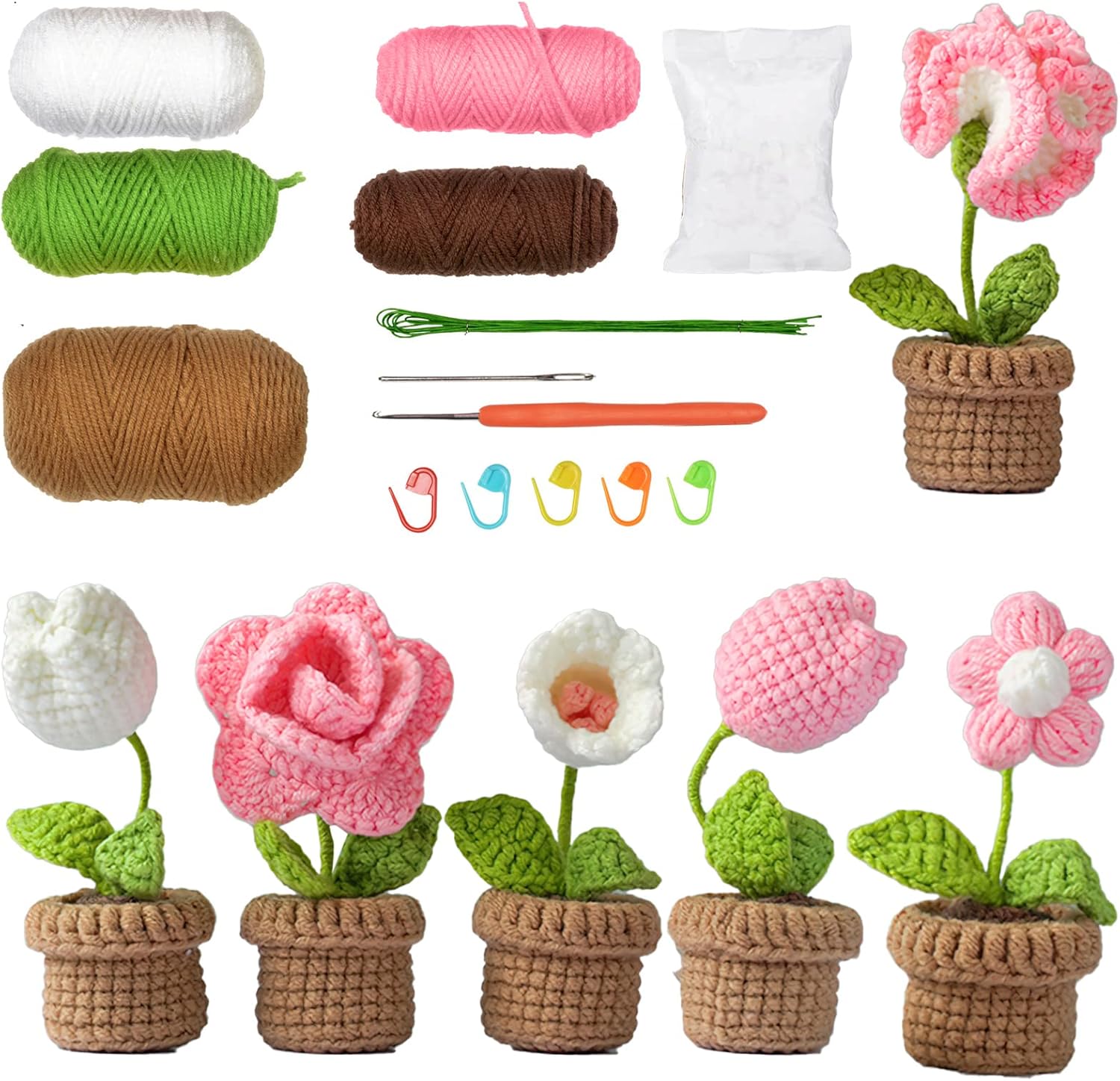 Amazon.com: YIDM Crochet Potted Plant Kit: 6 Pieces Beginner Crochet ...