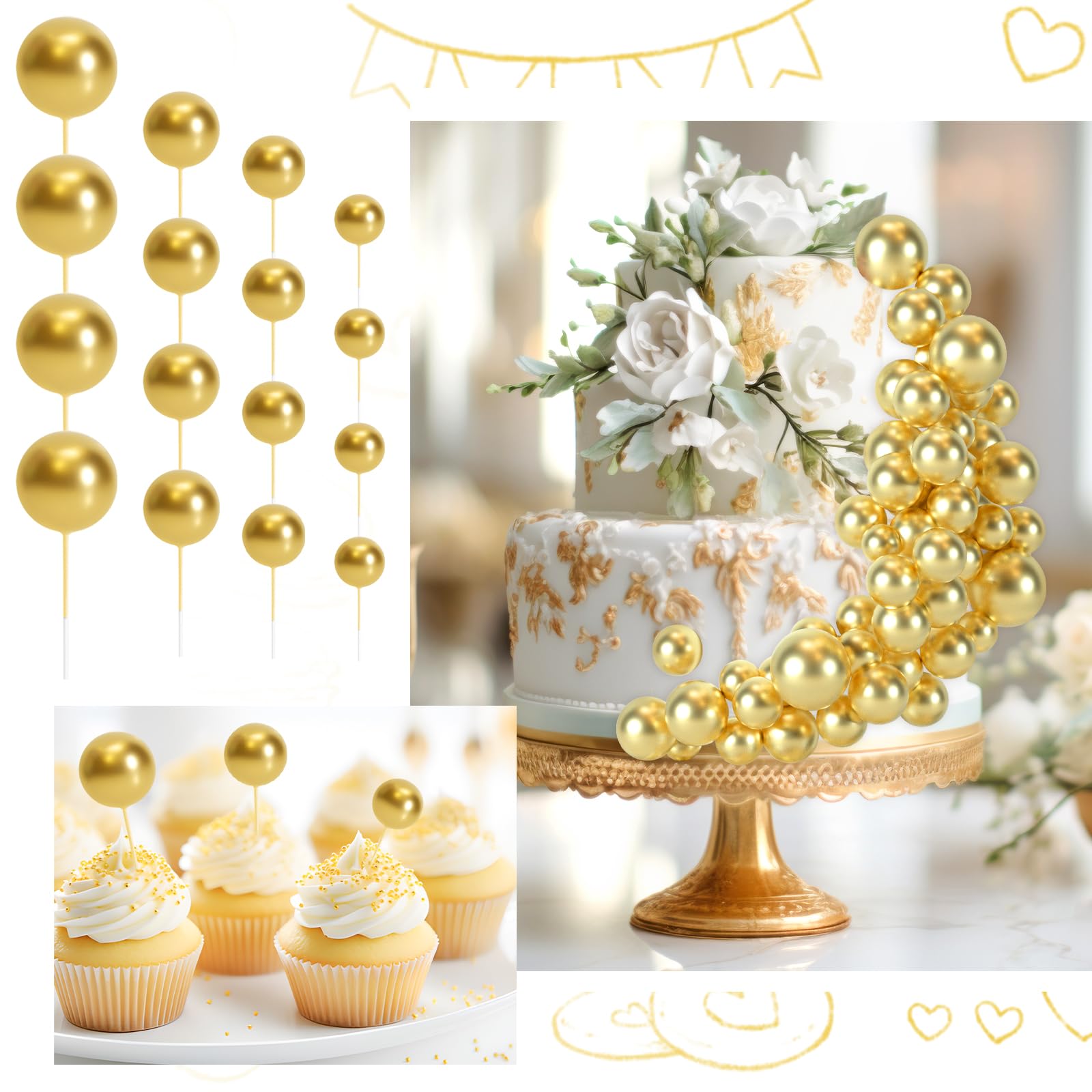 Snapklik.com : 48 Pcs Gold Balls Cake Topper Decorations Balloon ...