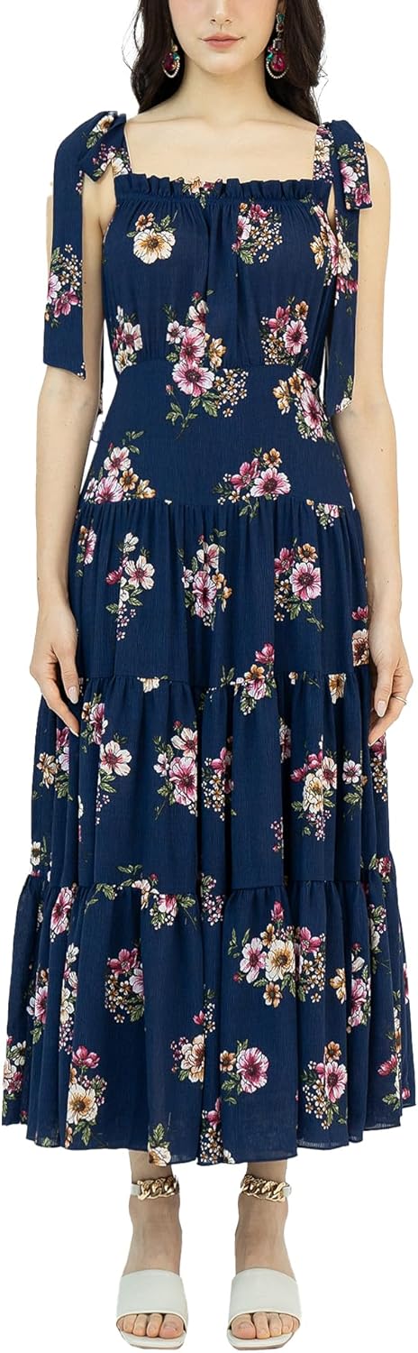 SIXDO Womens 2025 Summer Pink Floral Maxi Dresses Empire Waist Square ...
