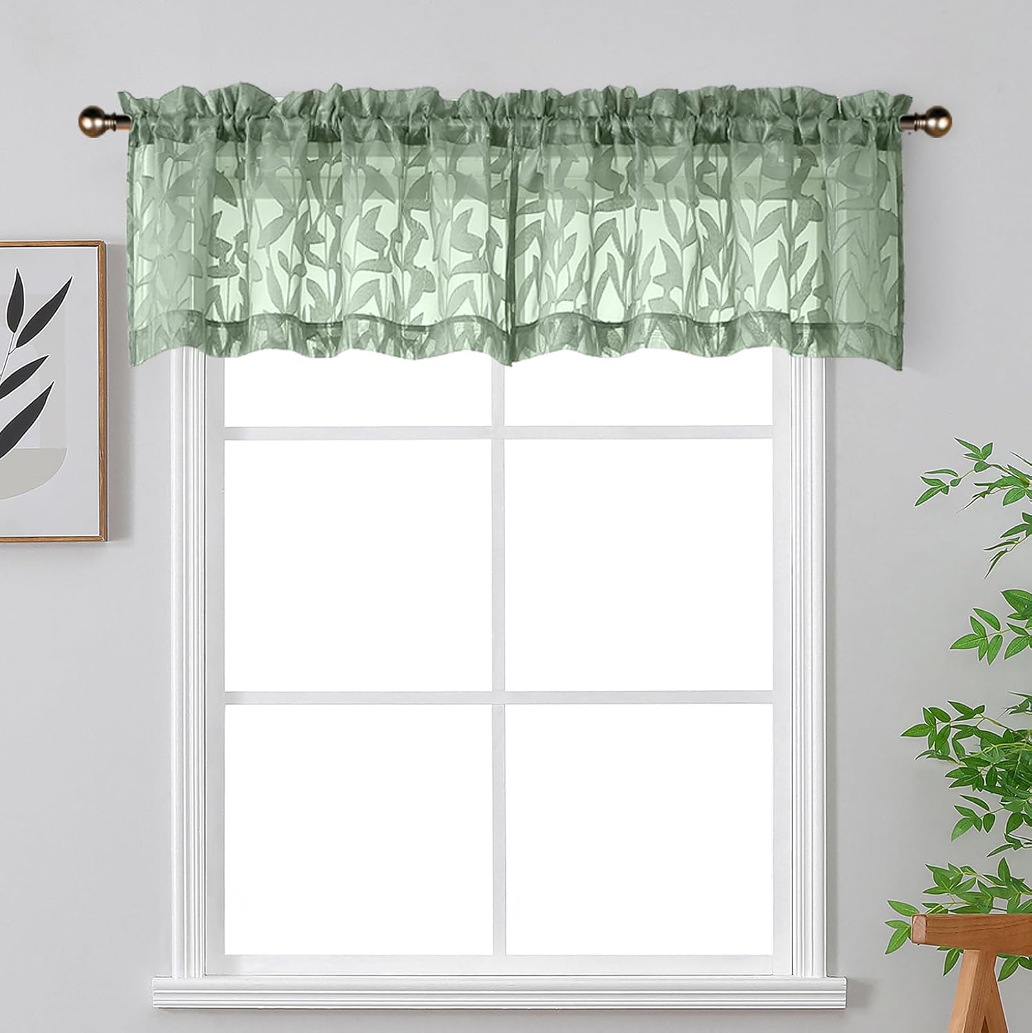 OWENIE Leyna 14 Inch Sage Green Valance for Windows 2 PCS Sheer ...