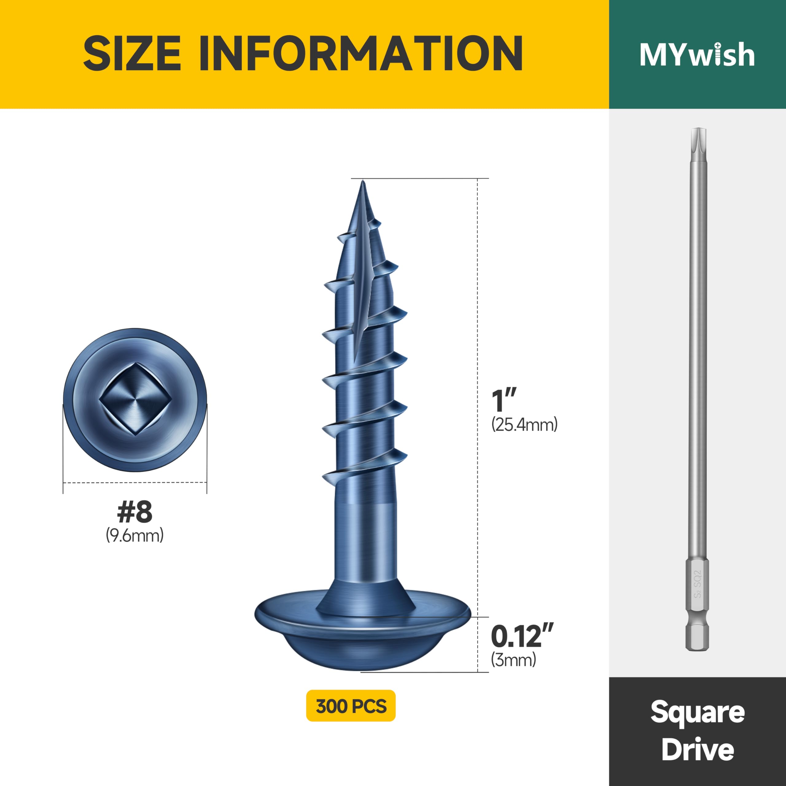 Snapklik.com : Mywish 300Pcs Pocket Hole Screws 1 Inch, Wood Screws #8 ...