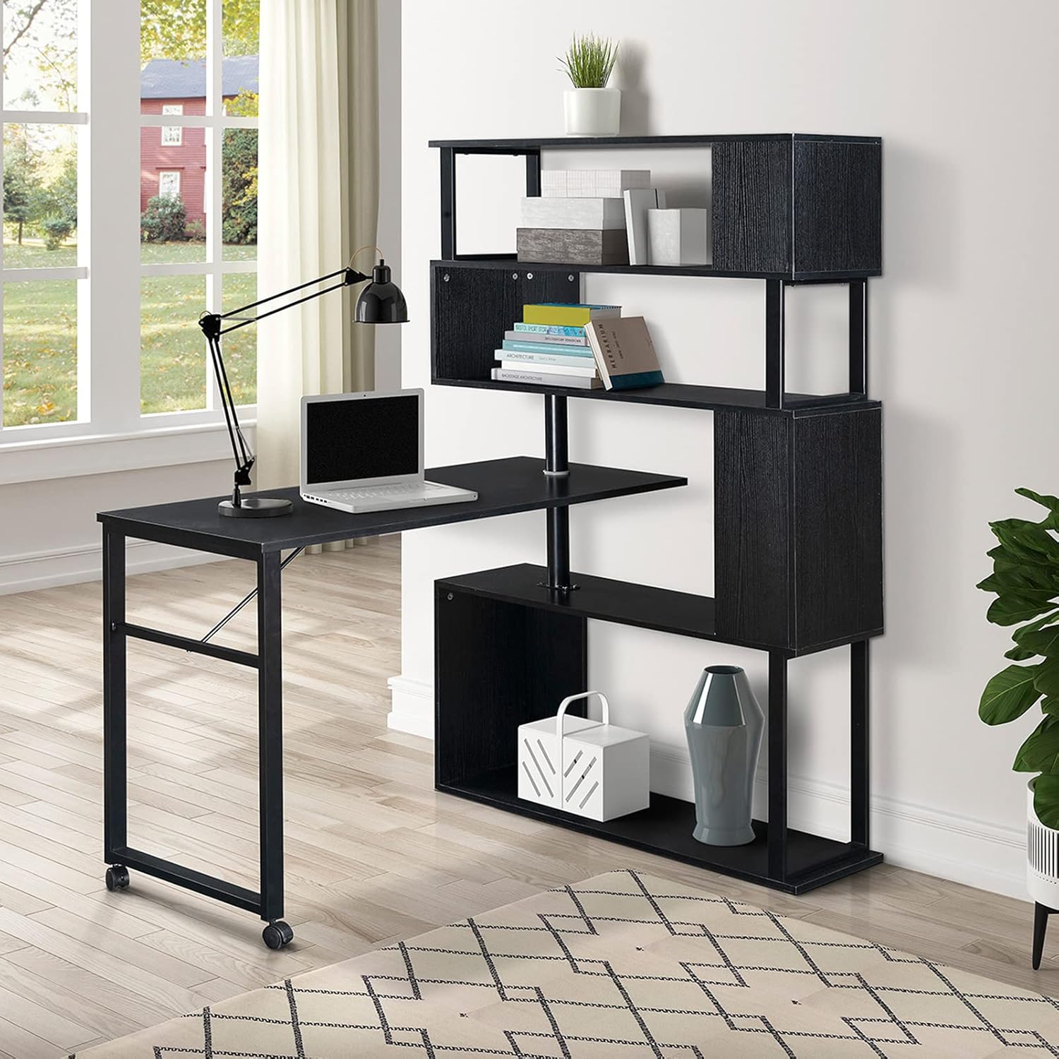 Amazon.com: TMEOSK Rotating Computer Desk with 5 Shelves Bookshelf ...