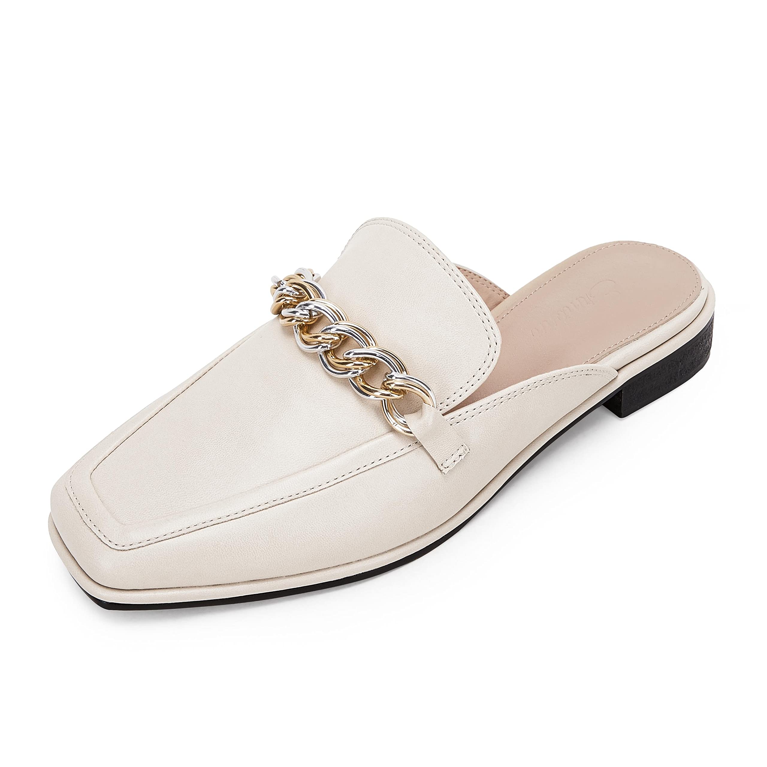 Ermonn Women's Flat Mules Chain Square Toe Faux Leather Backless Slip ...