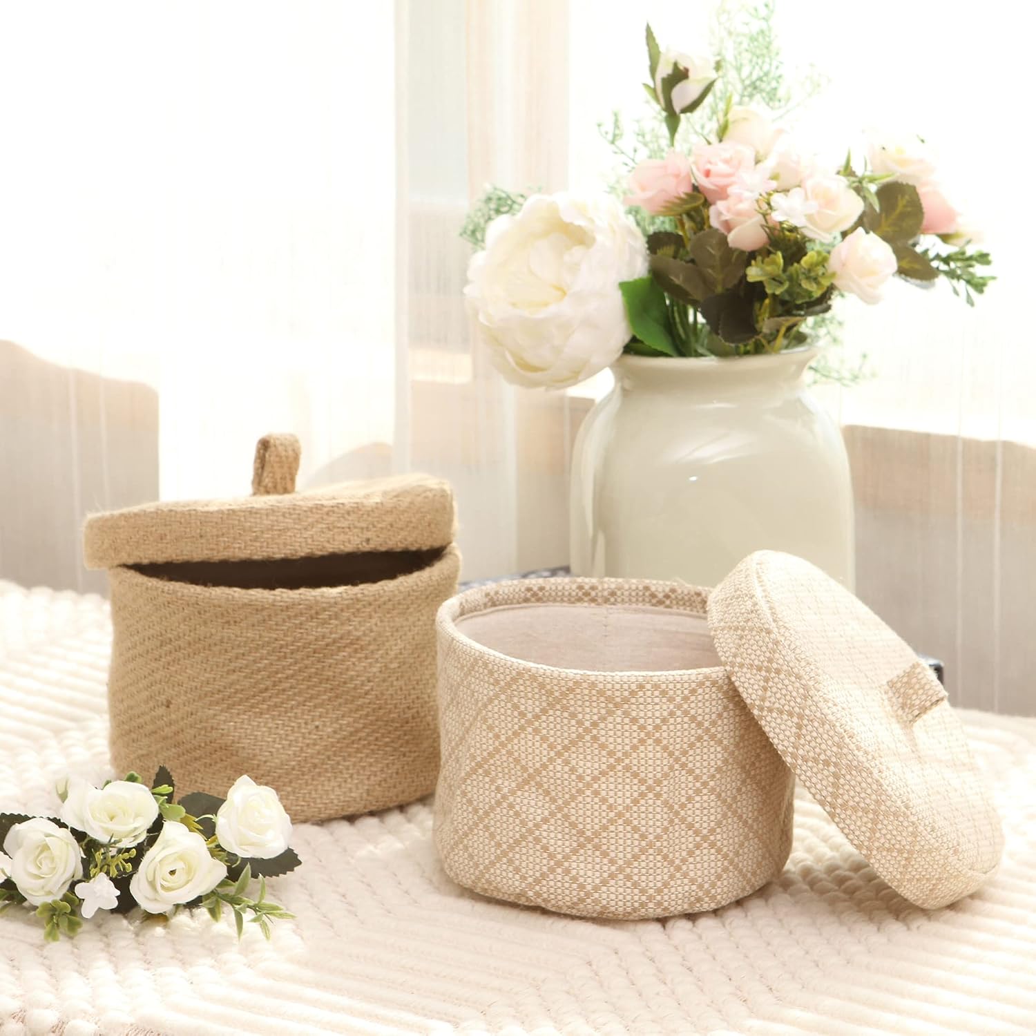 Sea Team 2 Pack Jute and Cotton Linen Storage Basket Cute Round Box for ...