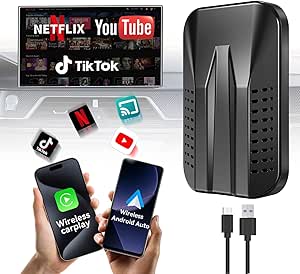 4-in-1 Wireless CarPlay & Android Auto Adapter,Supports Netflix/YouTube/TIK Tok/Screen Mirror ...