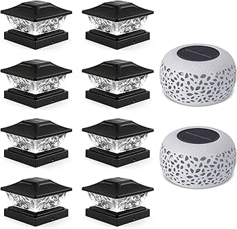8 Pack Black Solar Post Cap Lights and 2 Pack White Solar Lanterns ...
