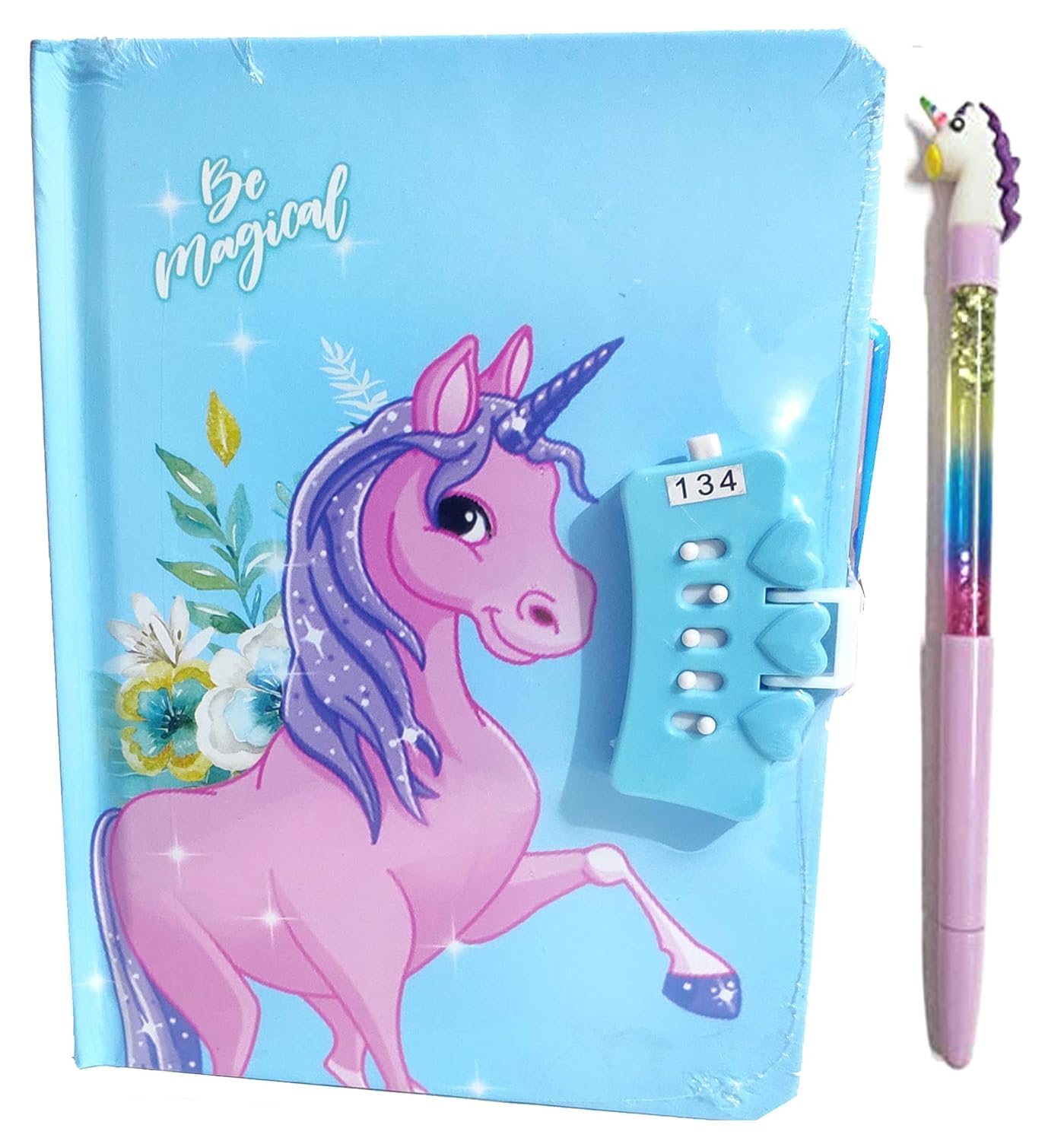 GJSHOP Unicorn Password Lock Diary with Unicorn Sparkling Water Gel Pen (Lock Diary combo with ...