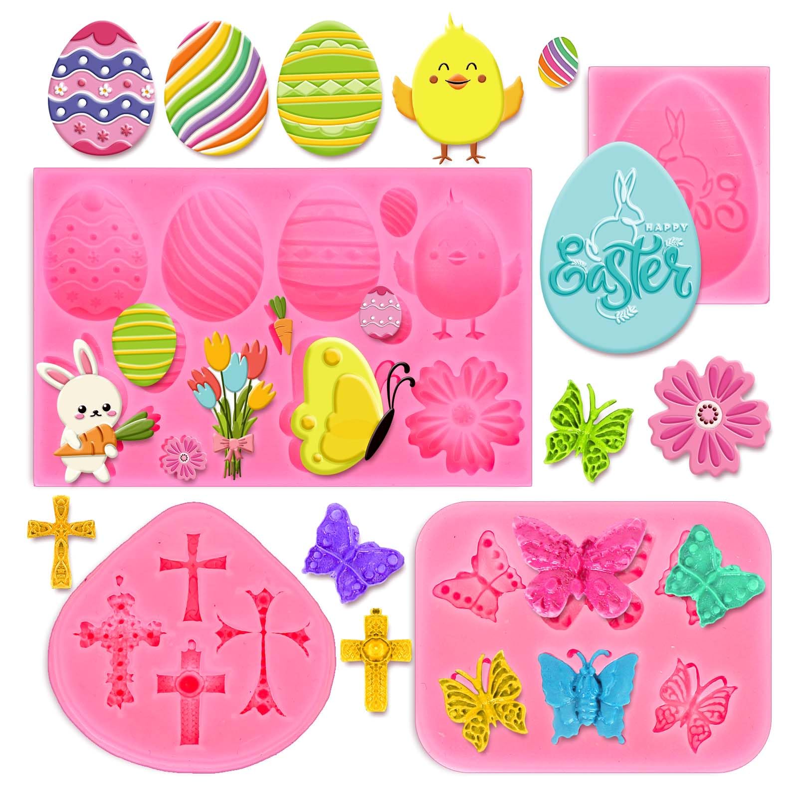 Amazon.com: Whaline 4Pcs Easter Fondant Molds Egg Bunny Rabbit Cross ...