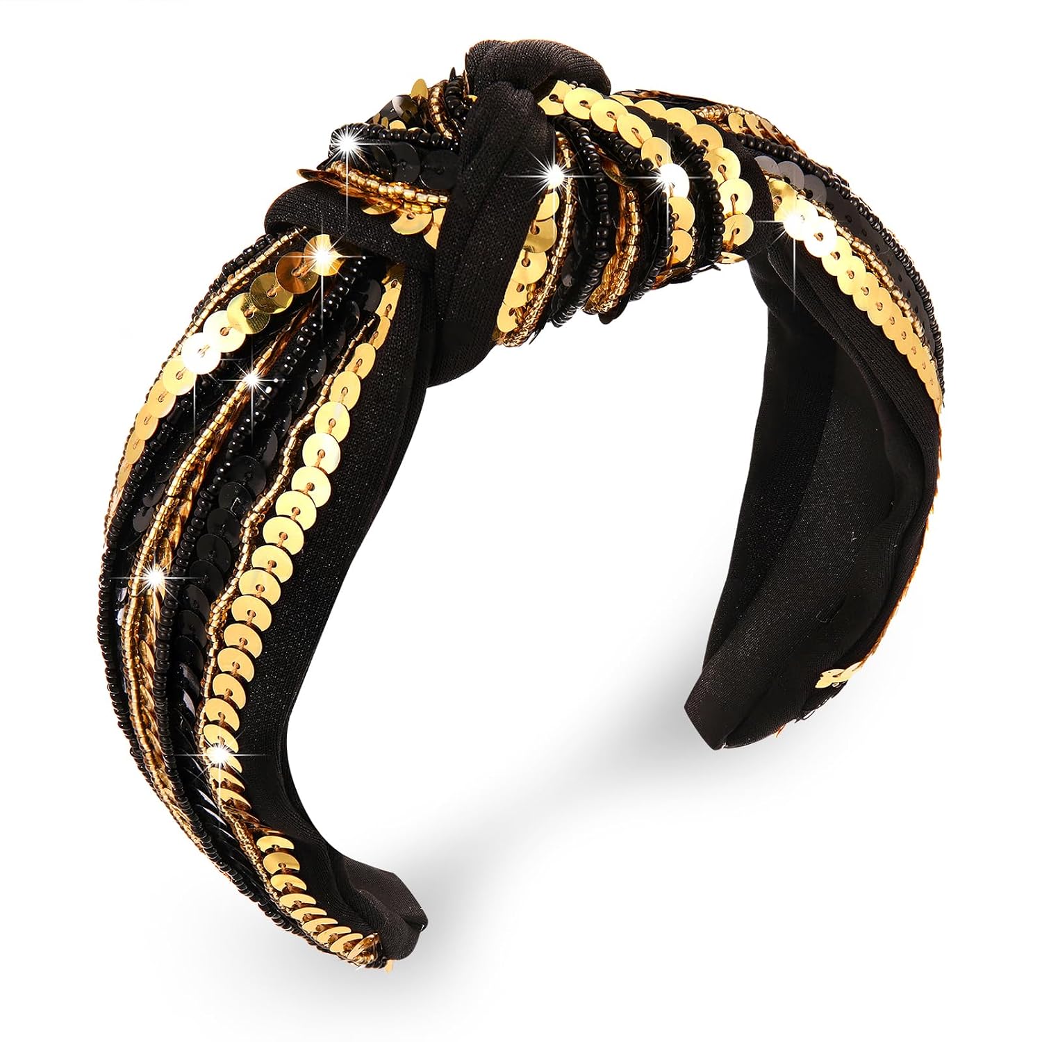 Amazon.com : GLBCC Game Day Knotted Headband Black Gold Sequin Seedbead ...