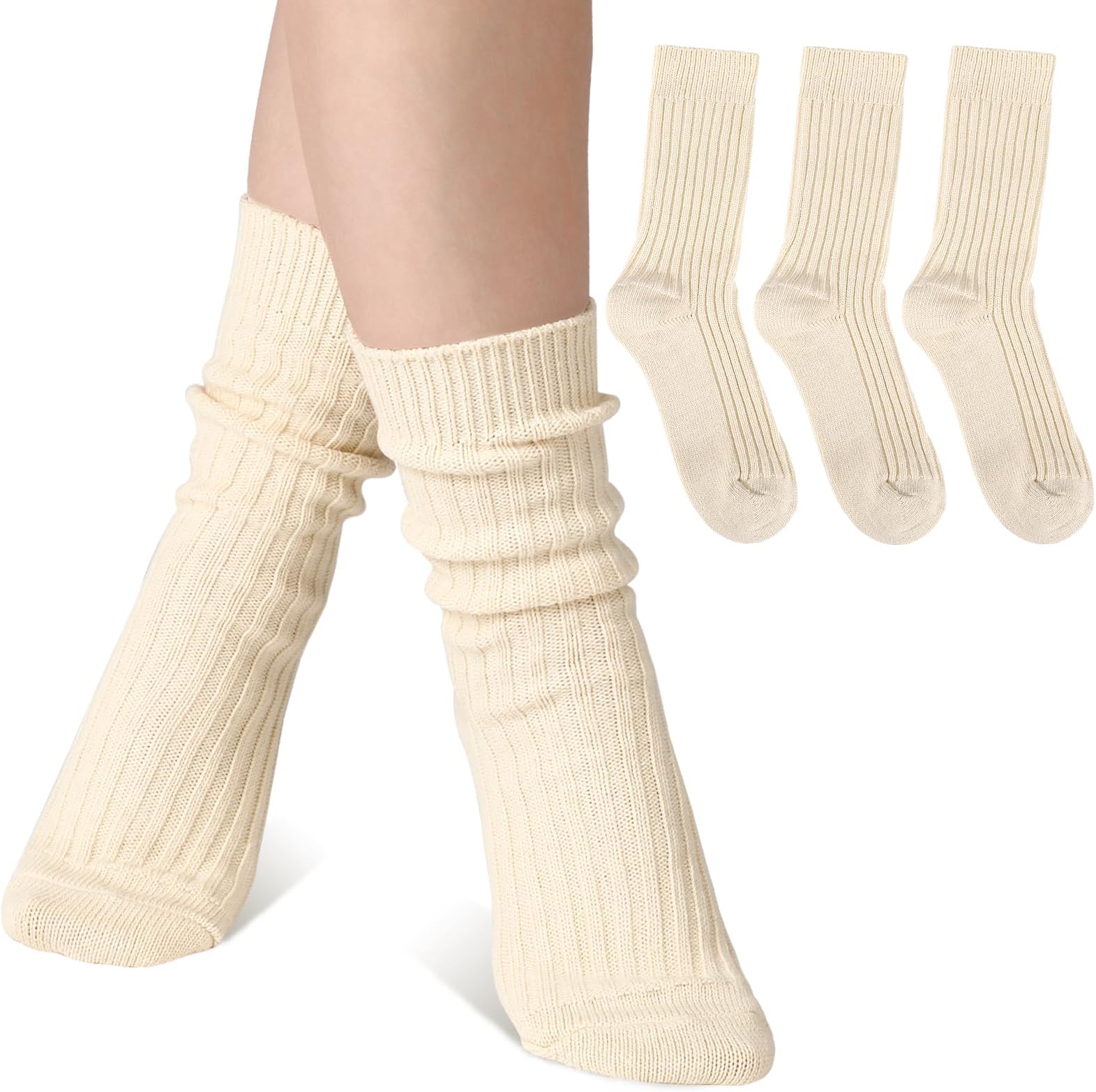 Iordan 3 Pairs Slouch Socks for Women Beige Cotton Cute Knit Aesthetic ...
