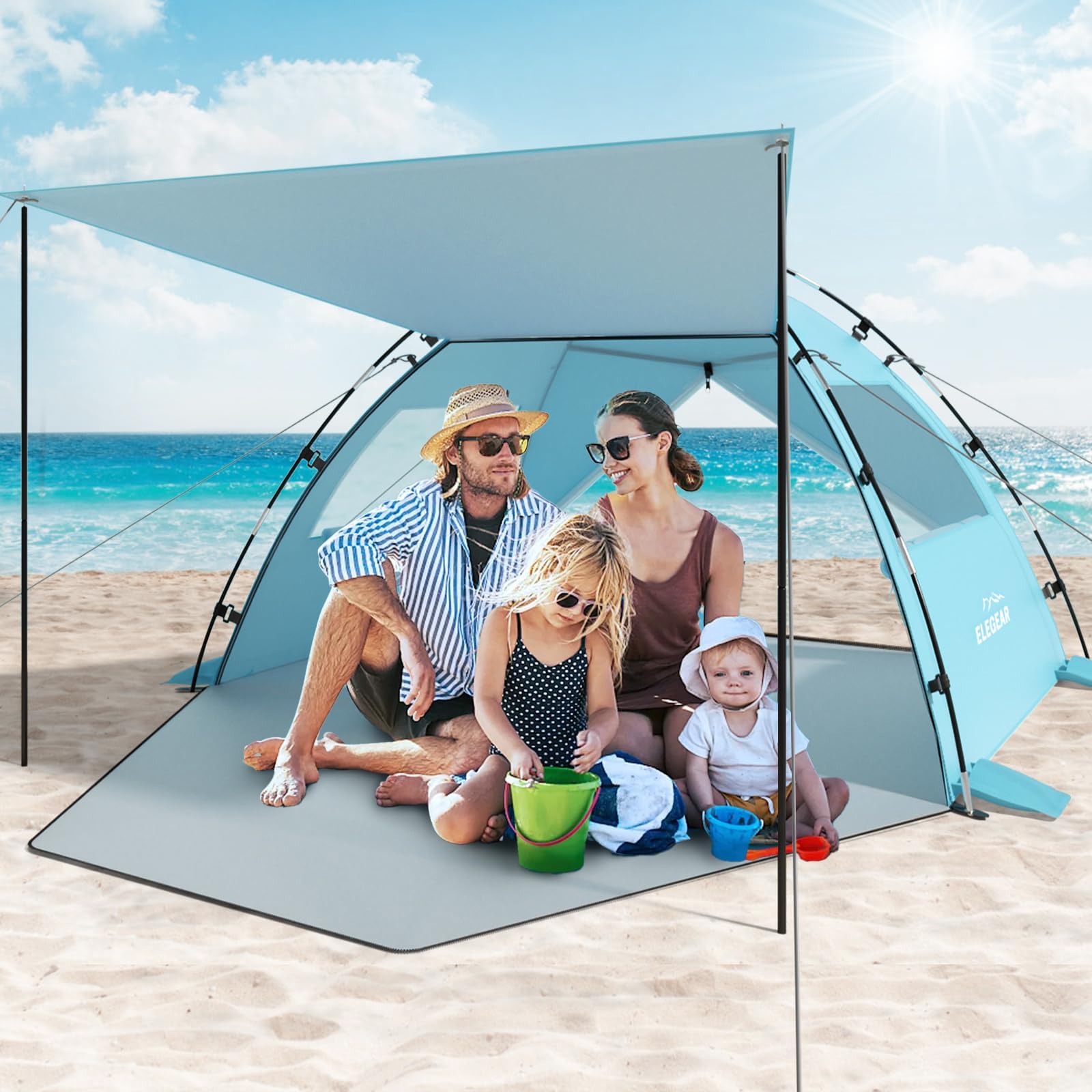 Elegear Beach Tent for 4-5 Person with Extra Large Canopy, Portable Sun ...