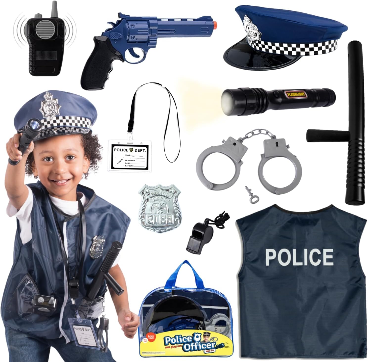Born Toys 12 Pcs Police Costume for Kids with Role Play Kit, Police ...