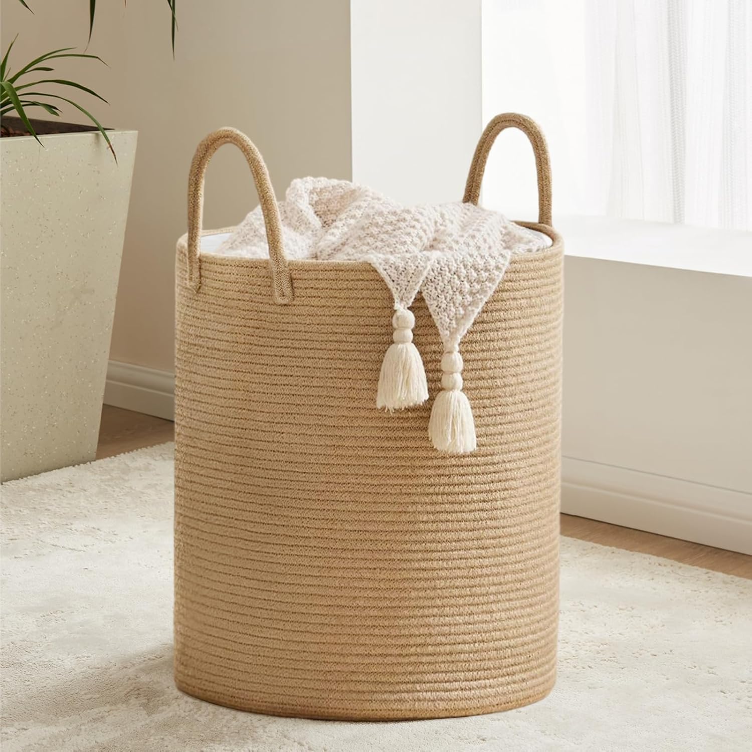 Amazon.com: YOUDENOVA Laundry Hamper Basket with Linen Lid, Woven Tall ...