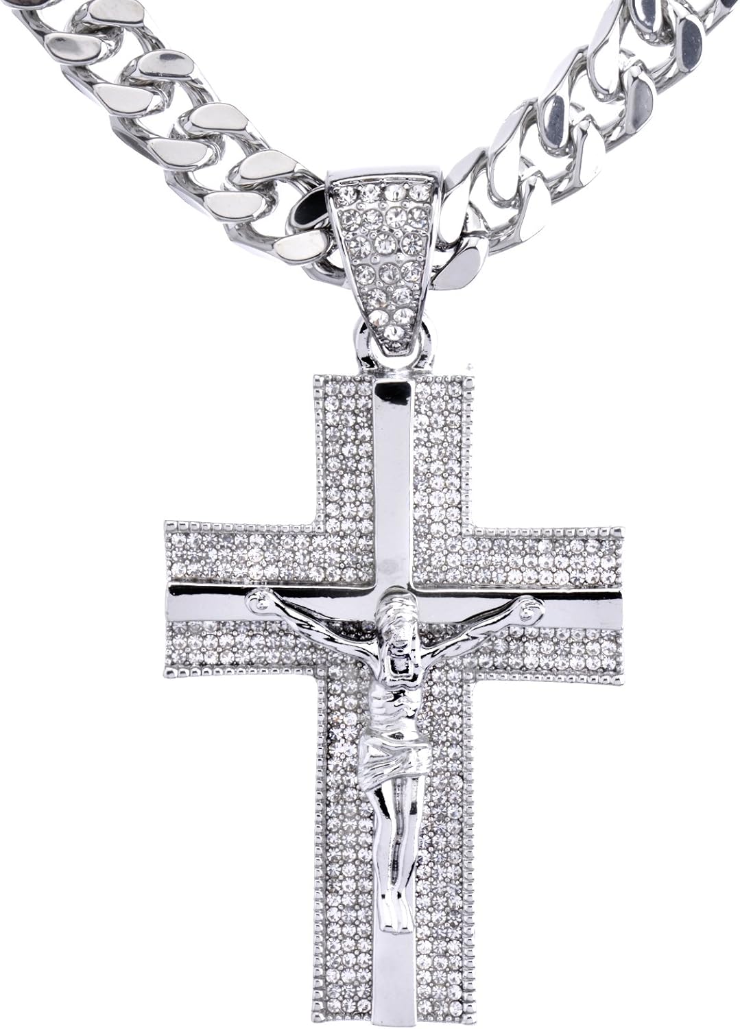 METALTREE98 Men's XXL Iced Out Heavy Silver Plated Iced Out Cross Jesus ...