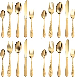 Hammered Silverware Set, 20 Pcs Stainless Steel Square Flatware Set ...