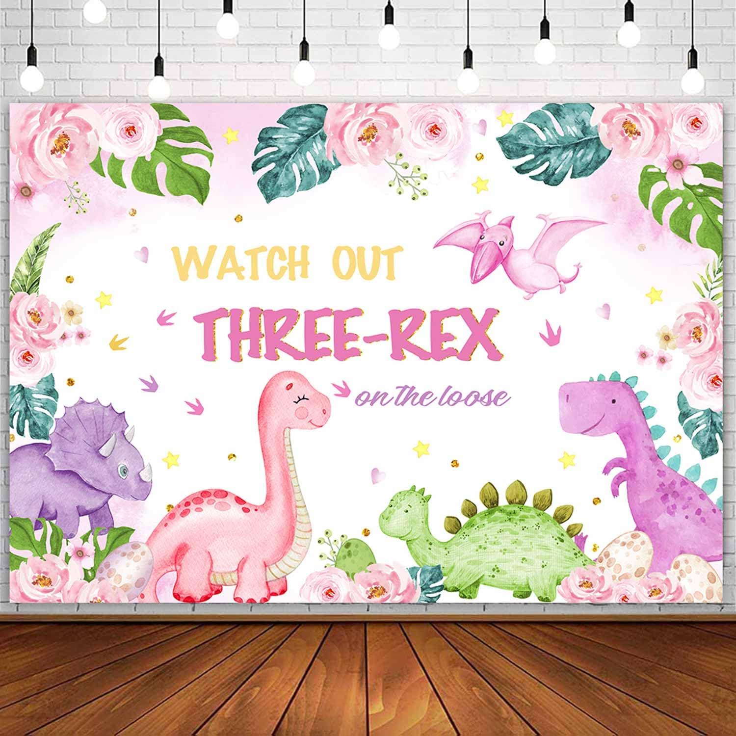Amazon.com : Three Rex Birthday Decorations Girl Watercolor Dinosaur ...