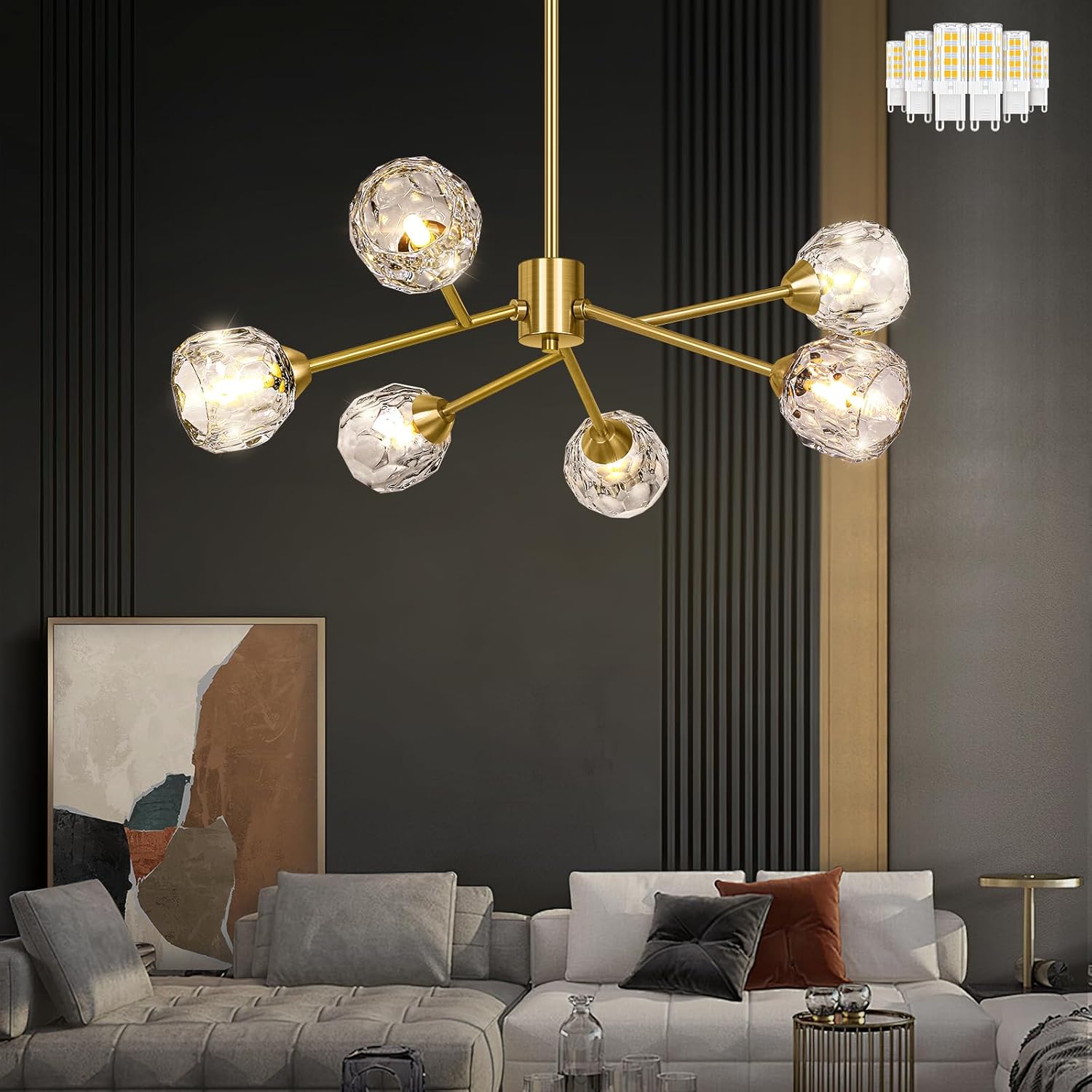 Gold Crystal Sputnik Chandelier with G9 LED Bulbs, 6-Light Modern ...