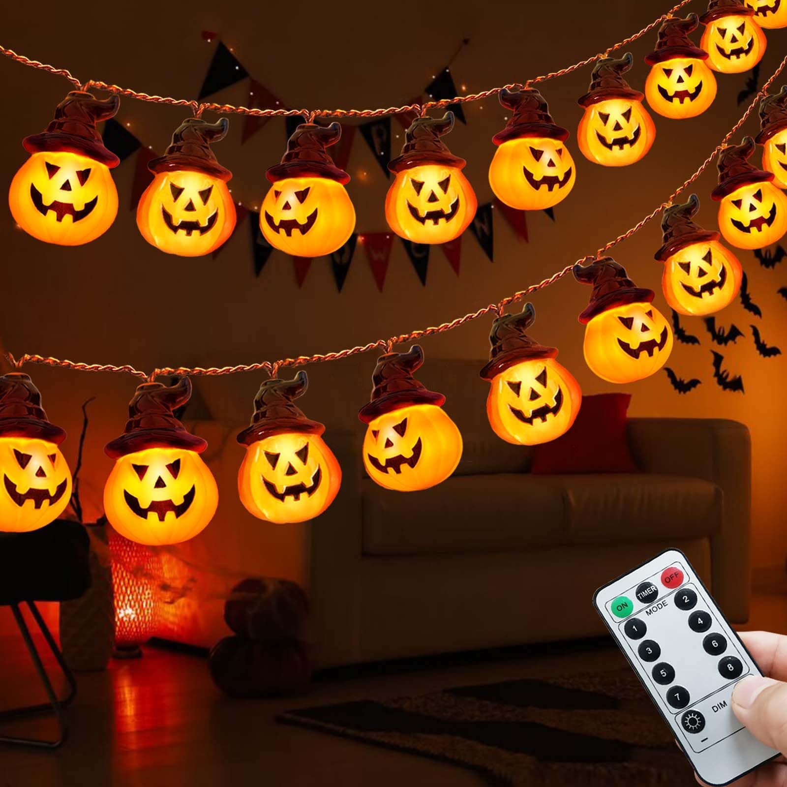 Janchs Upgraded 16FT 30 LED Battery Operated Halloween Pumpkin Lights ...