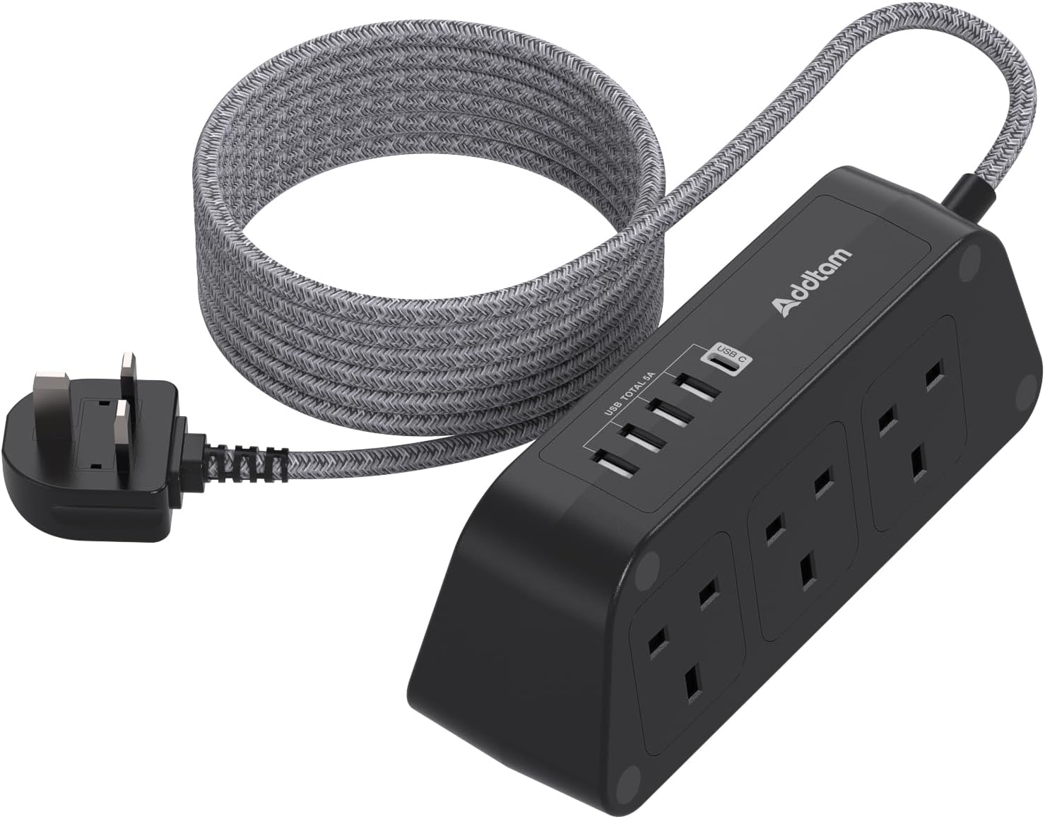Black 3M Extension Cable, Extension Lead with 6 Way Outlets 5 USB(5A, 1 ...