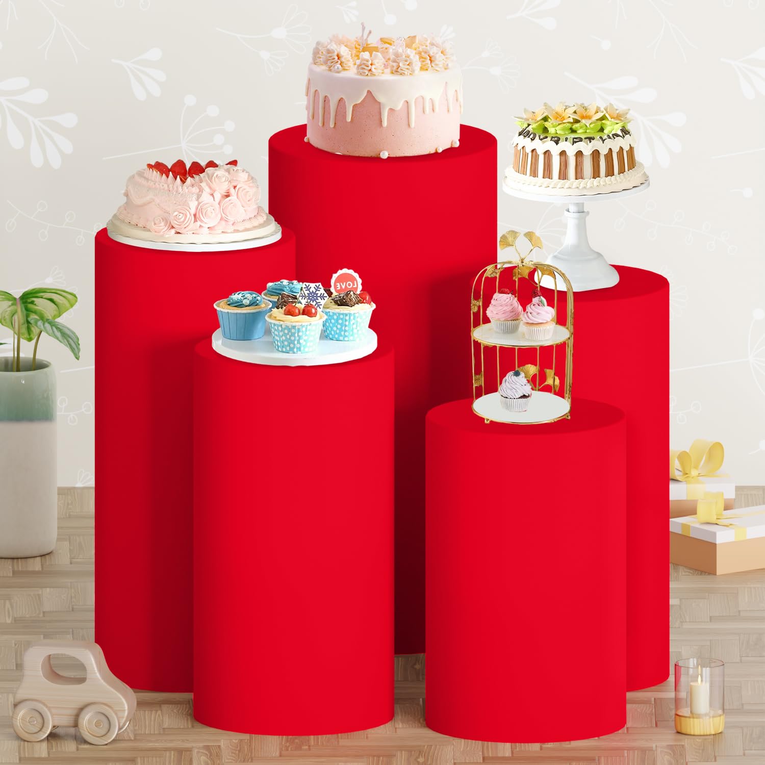 Amazon.com: MODFUNS Red Cylinder Cover Set of 5 Spandex Pedestal Stand ...