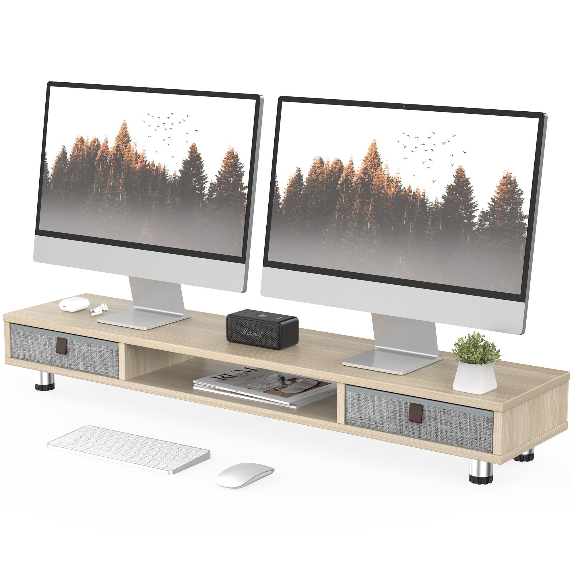 Fenge Monitor Stand, Dual Monitor Stand with 2 Drawers, Monitor Riser ...
