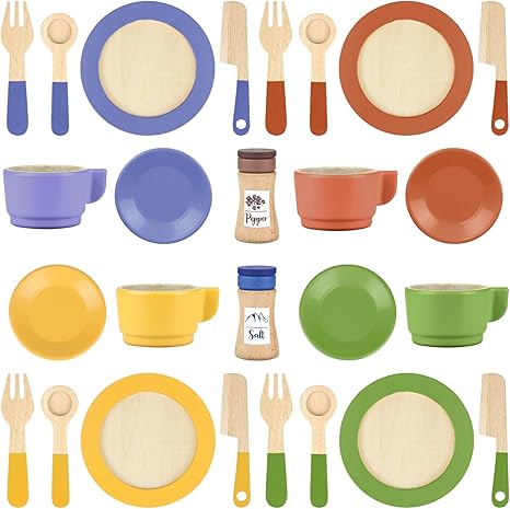 Amazon.com: Wooden Play Dishes and Plates for Kids Kitchen Set ...