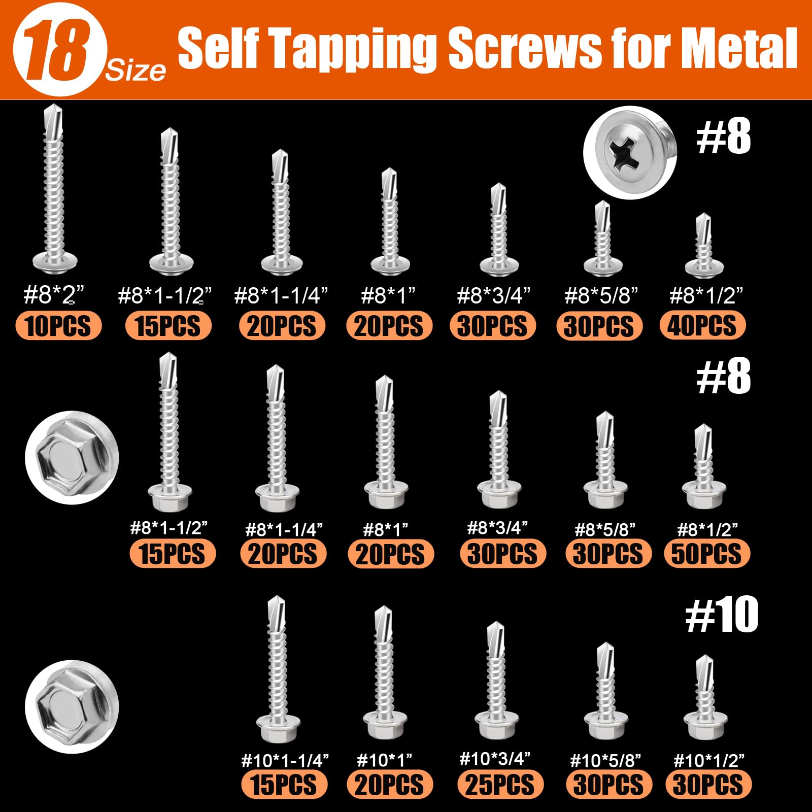 Hex Head Sheet Metal Screws 450-Piece Self-Tapping Screw Assortment ...