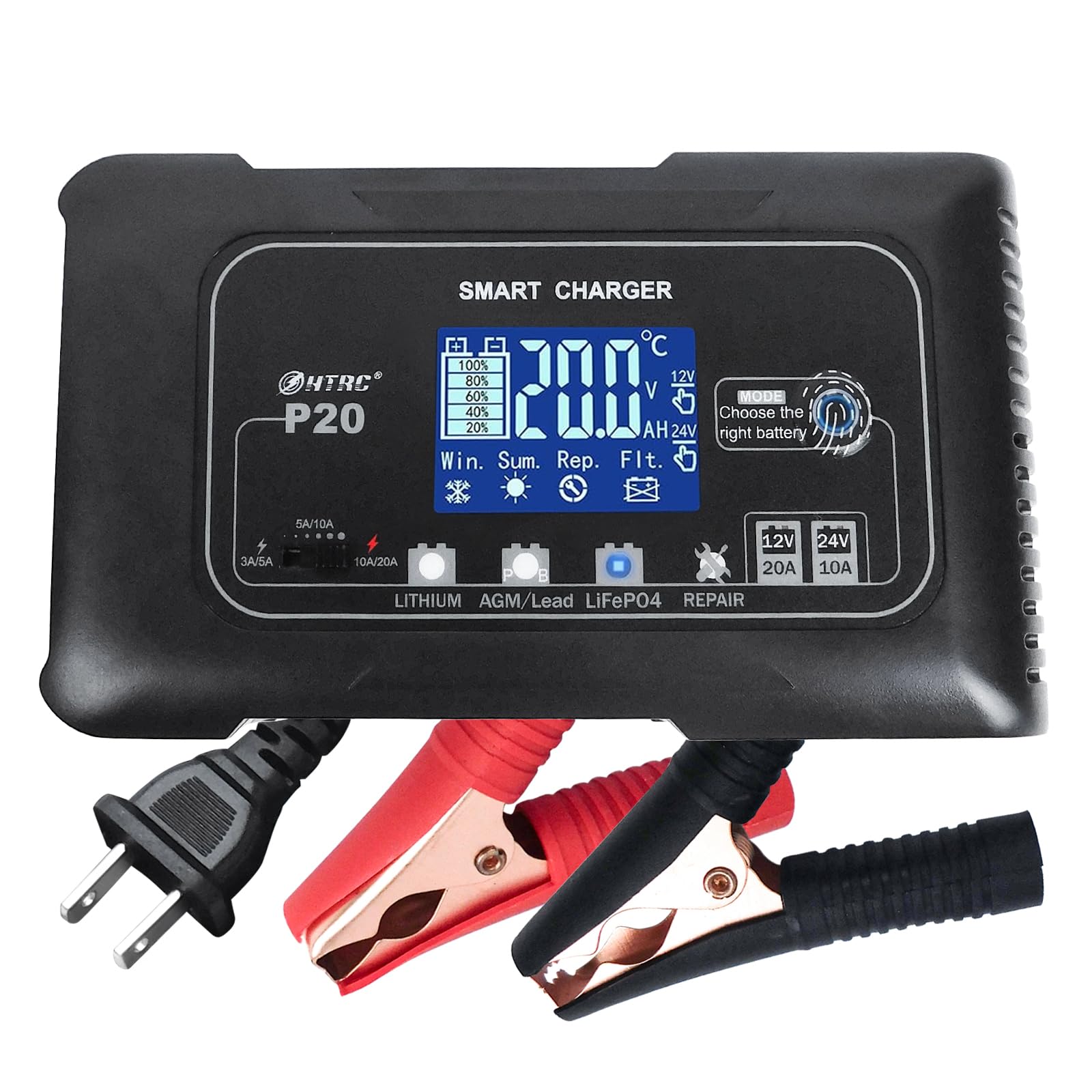 Amazon.com: 20-Amp Smart Battery Charger, for Car,Boat,Motorcycle, Lawn ...