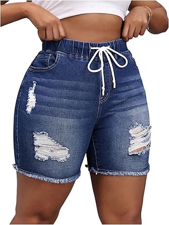 SOLY HUX Women's Plus Size Ripped Denim Shorts Distressed Drawstring ...