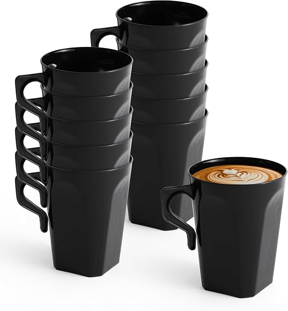 MATANA 50 Black Hard Plastic Coffee Mugs, 240ml - Cups with Handles for ...