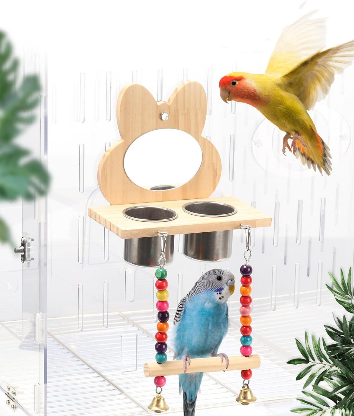Bird Perch with Mirror and Stainless Steel Feeding Cups,Bird Perches ...