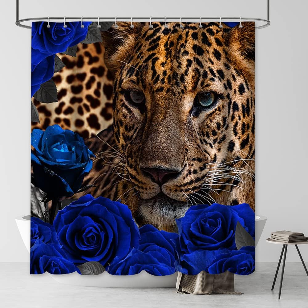 Amazon.com: MEHOFOND Blue Rose and Leopard Shower Curtain Animal ...