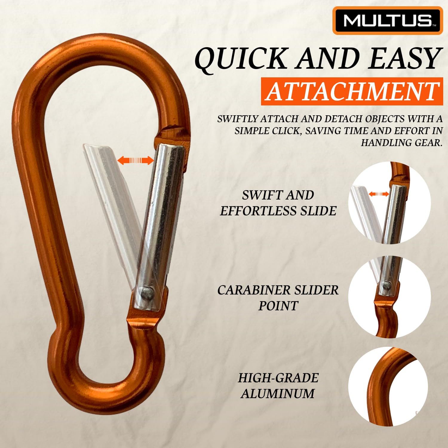 Snapklik.com : MULTUS 3 Inch Aluminum Orange 50 LB Capacity Carabiner ...
