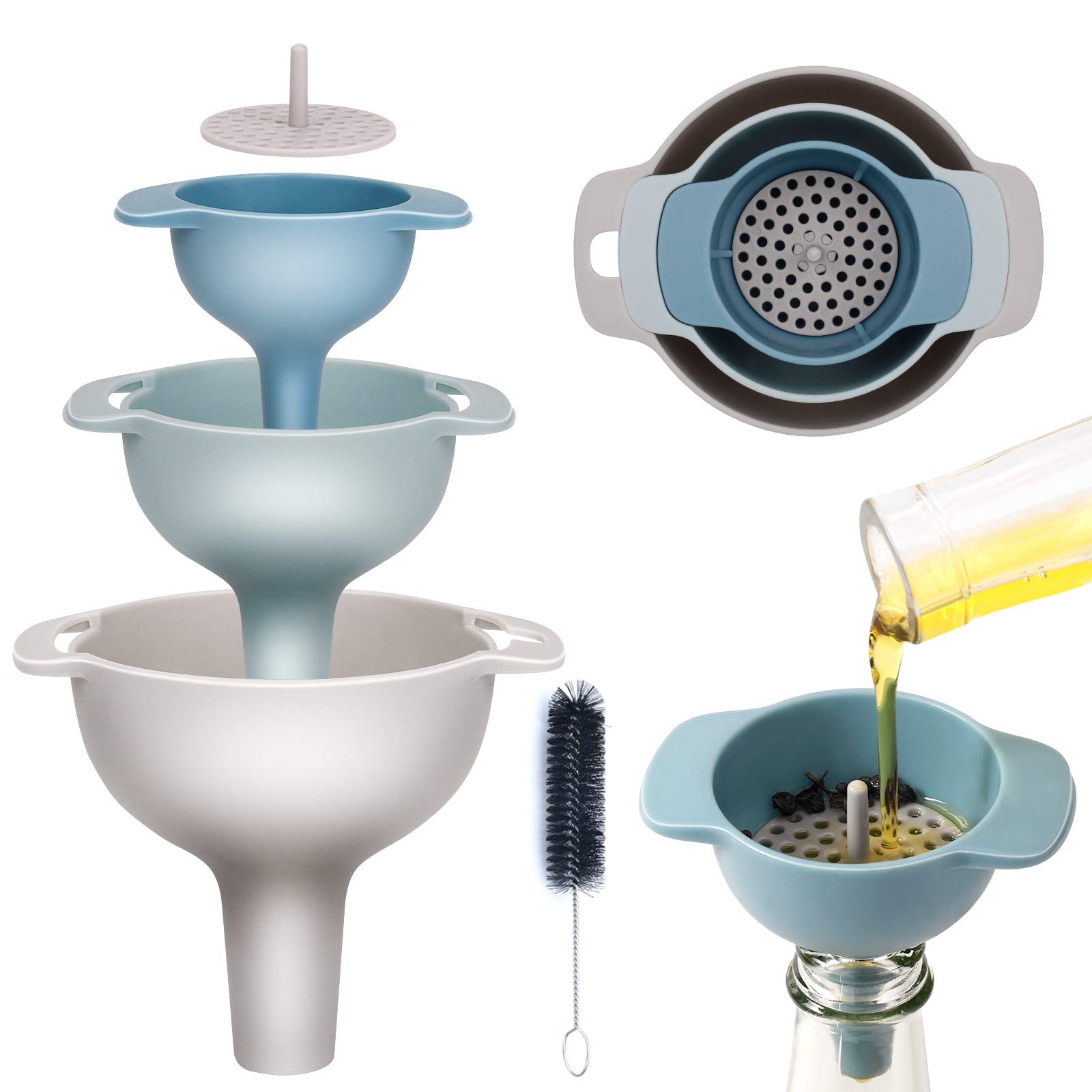 Funnel Set of 4, Kitchen Funnel with Bonus a Cleaning Brush, Small ...