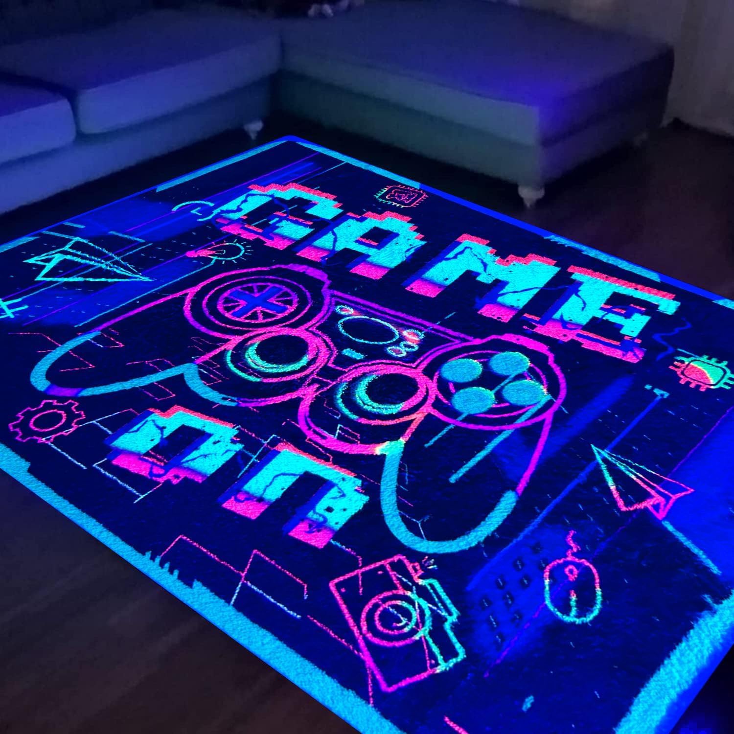 HOLAVIDA Neon Gaming Area Rug, 3D Blacklight UV Reactive Game ...