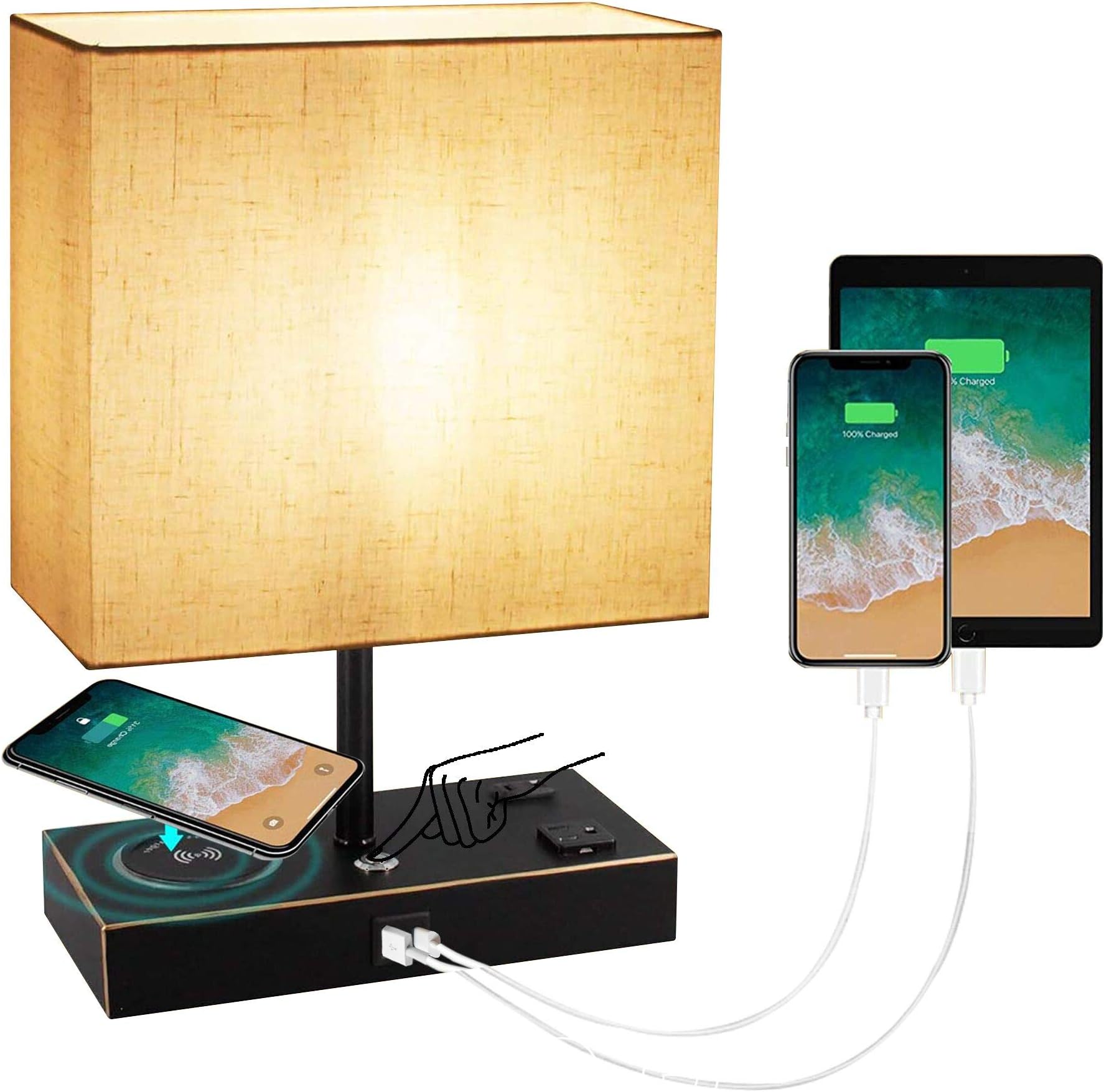 Kukobo Bedside Table Lamp with Wireless Charger, Touch Control Table ...