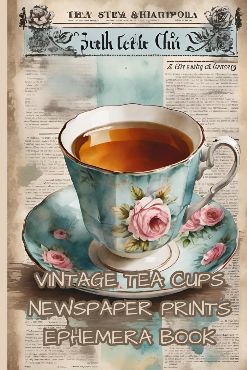 Vintage Tea Cups Newspaper Print Ephemera Book: Watercolour style ...