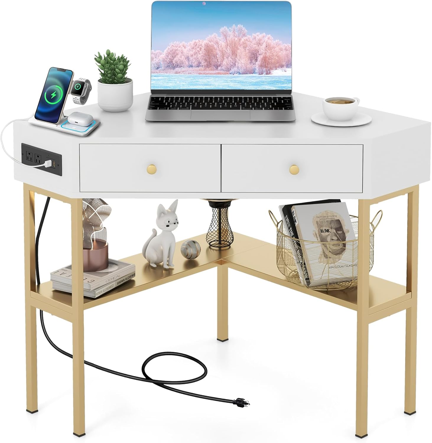 Amazon.com: Giantex Corner Desk with Charging Station, 90 Degree ...