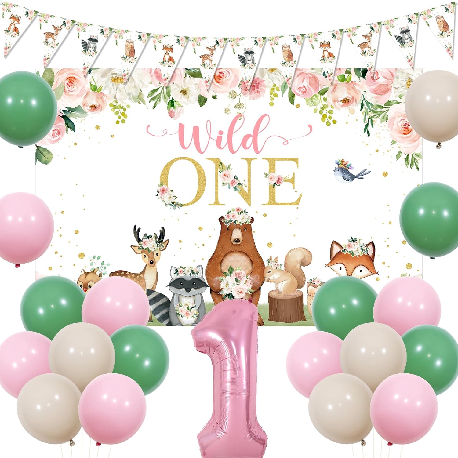 Amazon.com: JOYMEMO Woodland 1st Birthday Decorations for Girls, Wild One Birthday Backdrop ...