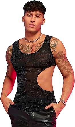 GORGLITTER Men's Glitter See Through Tank Top Cut Out Sheer Sleeveless ...