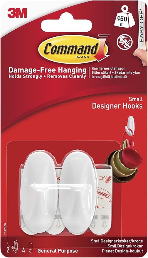 Command Small Designer Hooks, White - Pack of 2 Hooks and 4 Adhesive ...