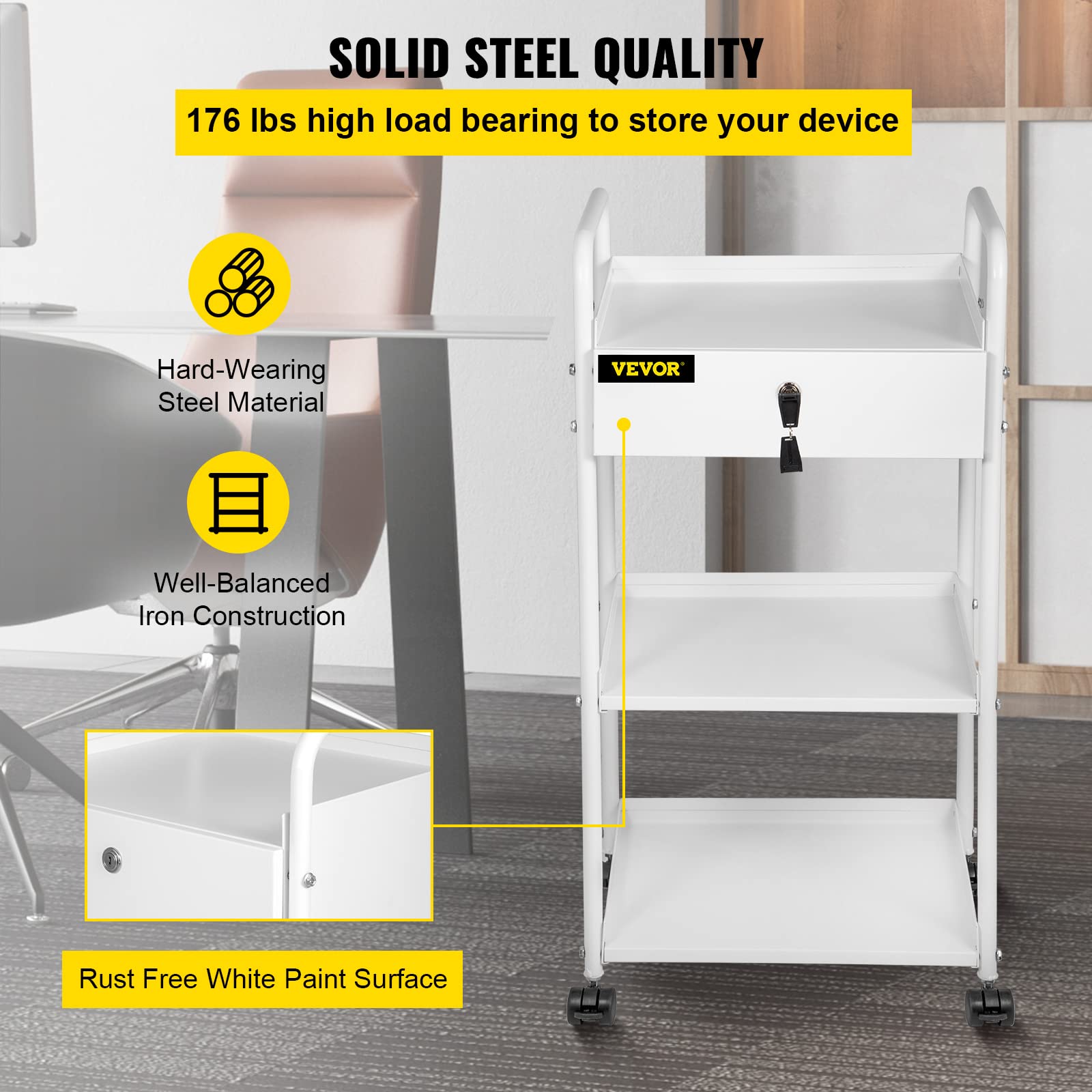 VEVOR Lab Cart, 3 Tiers Lab Trolley, Steel Lab Utility Cart, 360Â ...