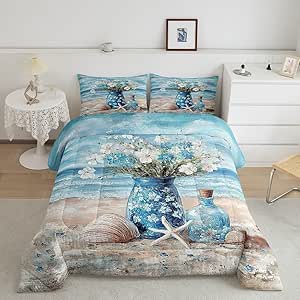 Amazon.com: jejeloiu Blue Beach Comforter Set King Size Kids Daisy ...