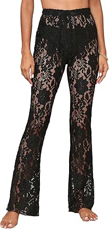 Taoocy Women Lace Bell Pant Sexy See Through Flare Bottom Leggings ...