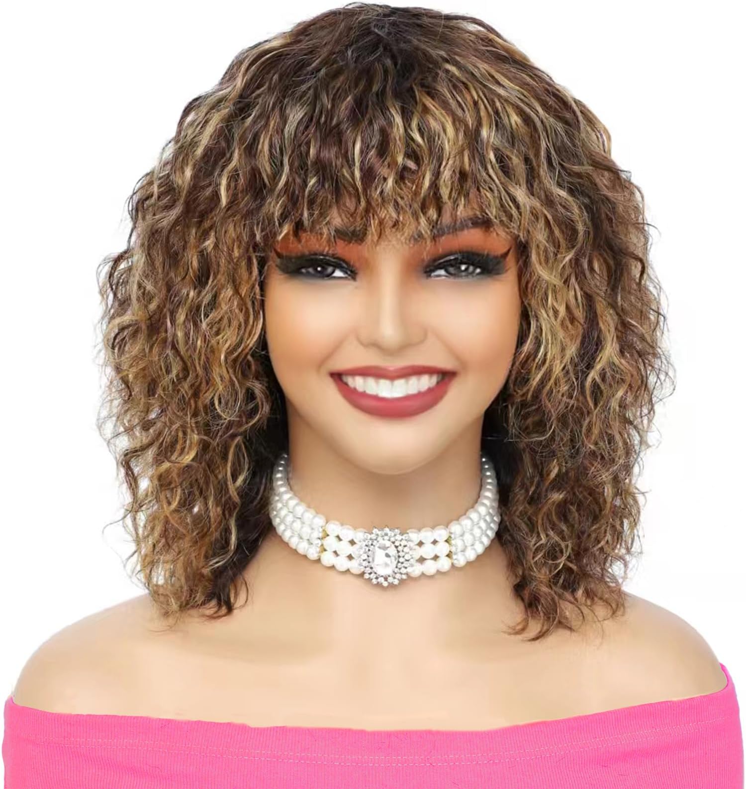 Amazon.com : Besteffie Short Curly Wigs With Bangs 10 Inch Water Wave ...