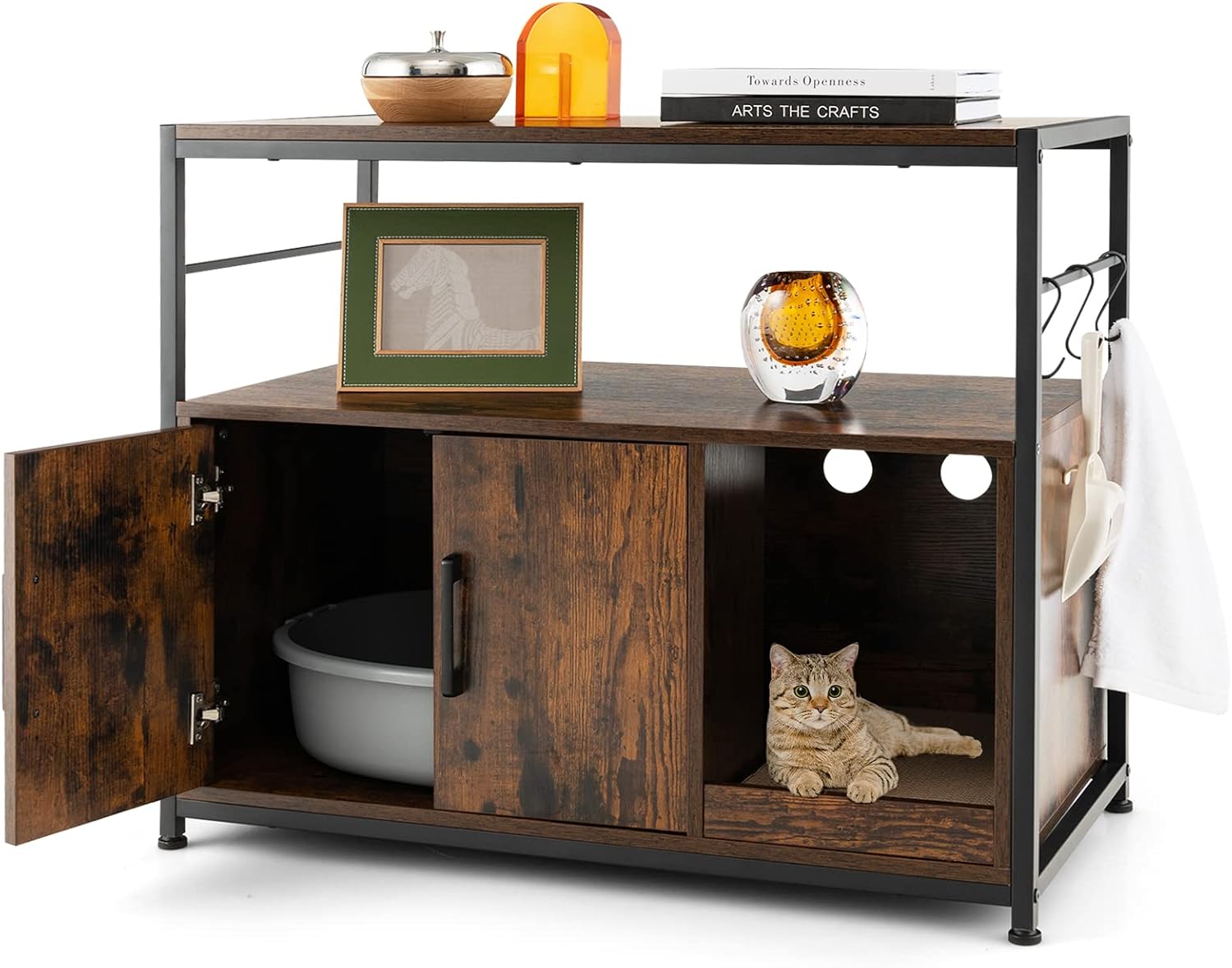 Amazon.com: Tangkula Litter Box Enclosure, Cat Box Cabinet with Metal ...