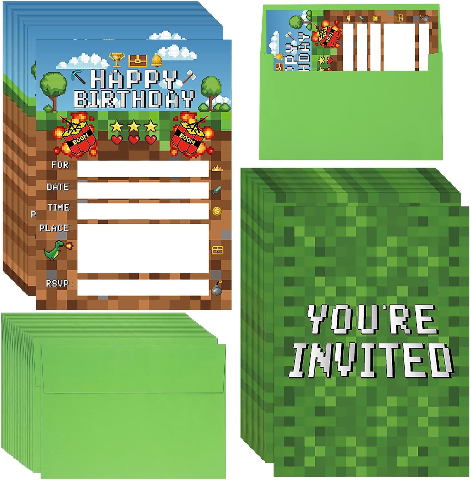 Amazon.com : 15 Pixel Party Invitations with Envelopes | Video Game ...