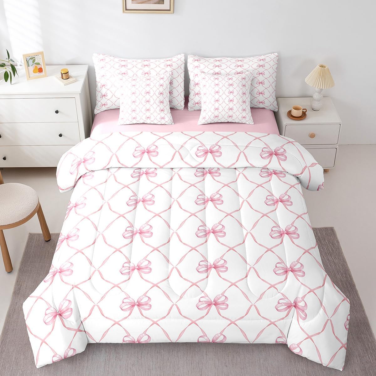 Amazon.com: Erosebridal Pink Bowknot 7 Piece Comforter Set Full Bow ...